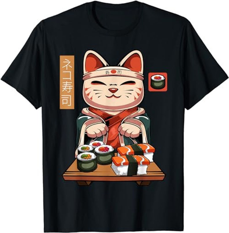 Kawaii Maneki Neko Sushi Cat Cute Nigiri Sashimi Maki Chef T-shirt ...