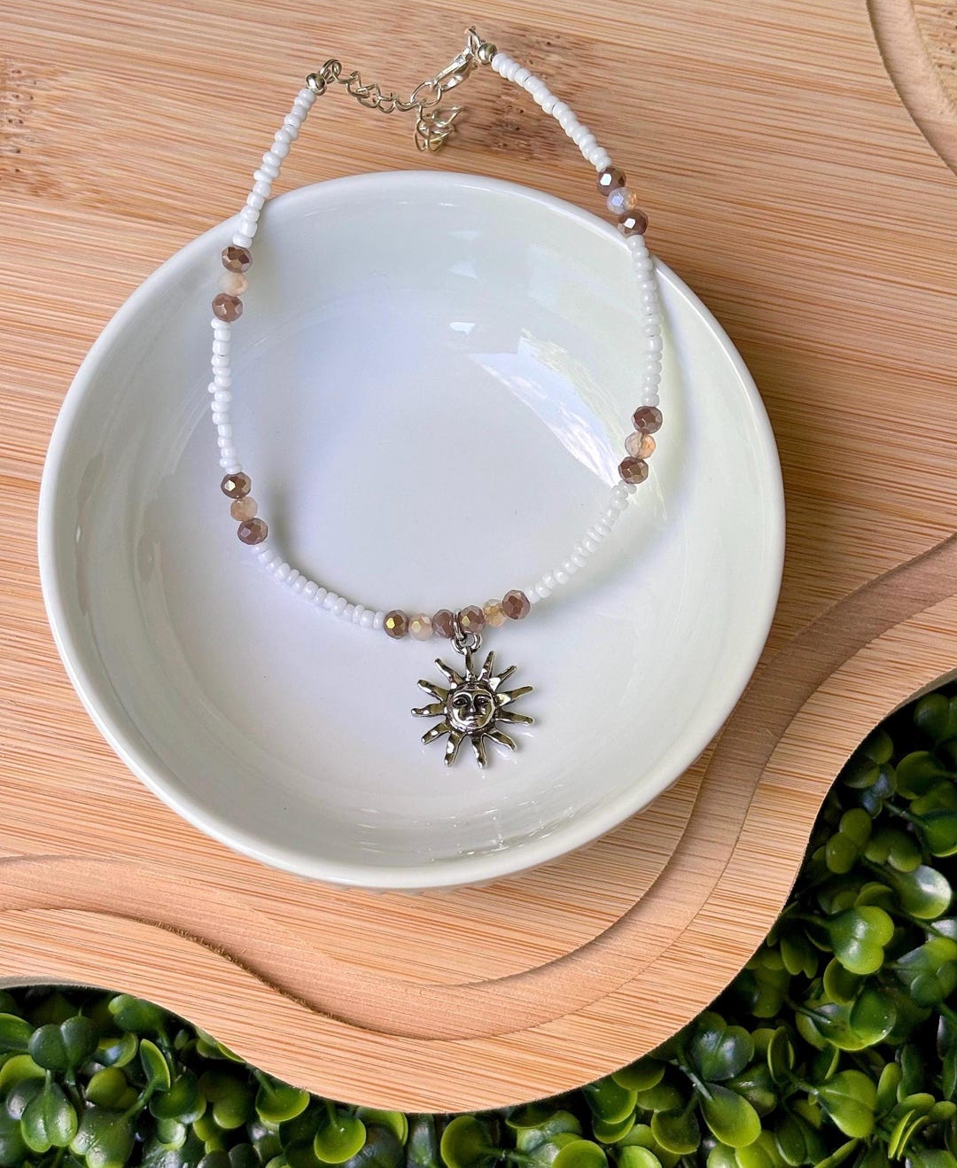Beaded Anklet | Sun Charm | Adjustable Length | Neutral Colors | 925 ...