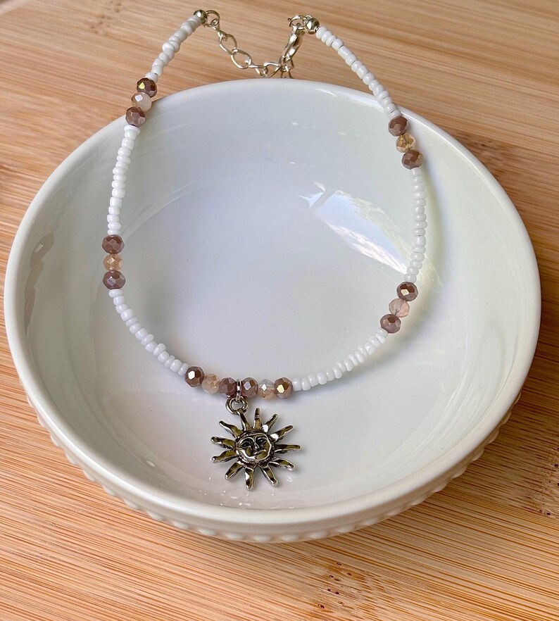 Beaded Anklet Sun Charm Adjustable Length Neutral Colors 925 Sterling ...