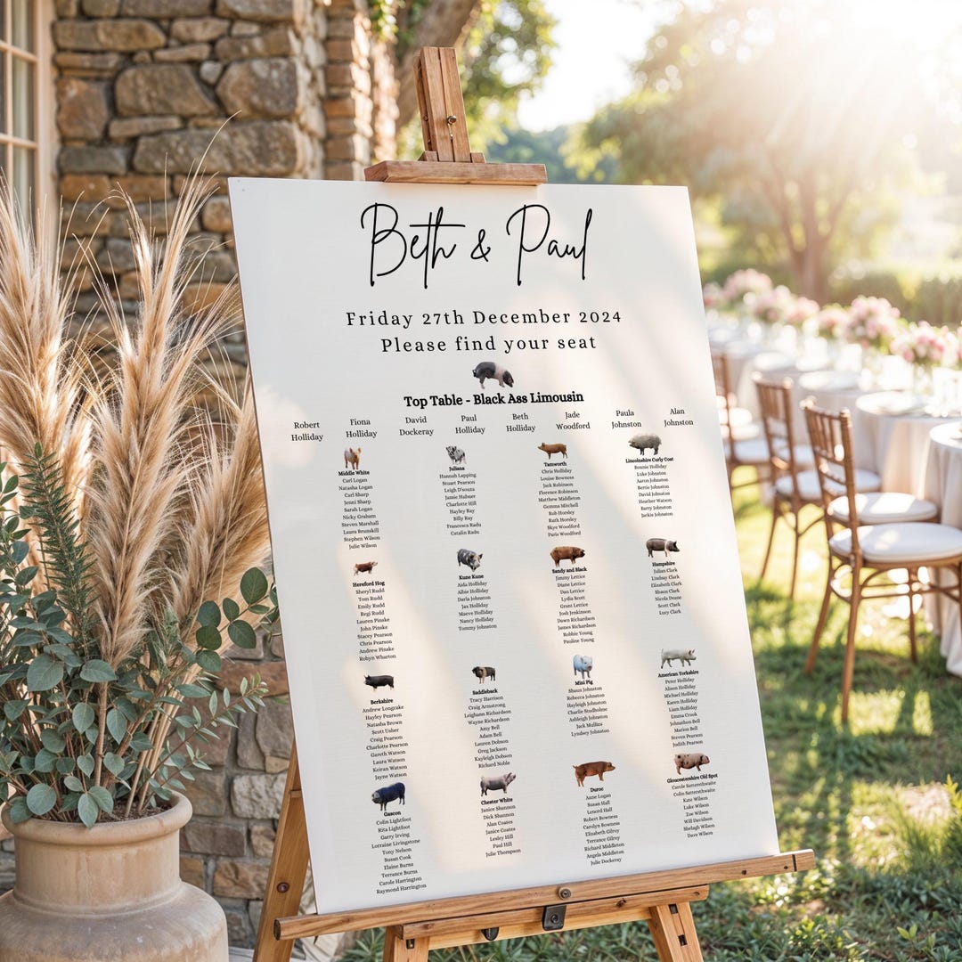 Pig Breed Wedding Seating Plan | Illustrated Table Chart | Rustic Farm ...