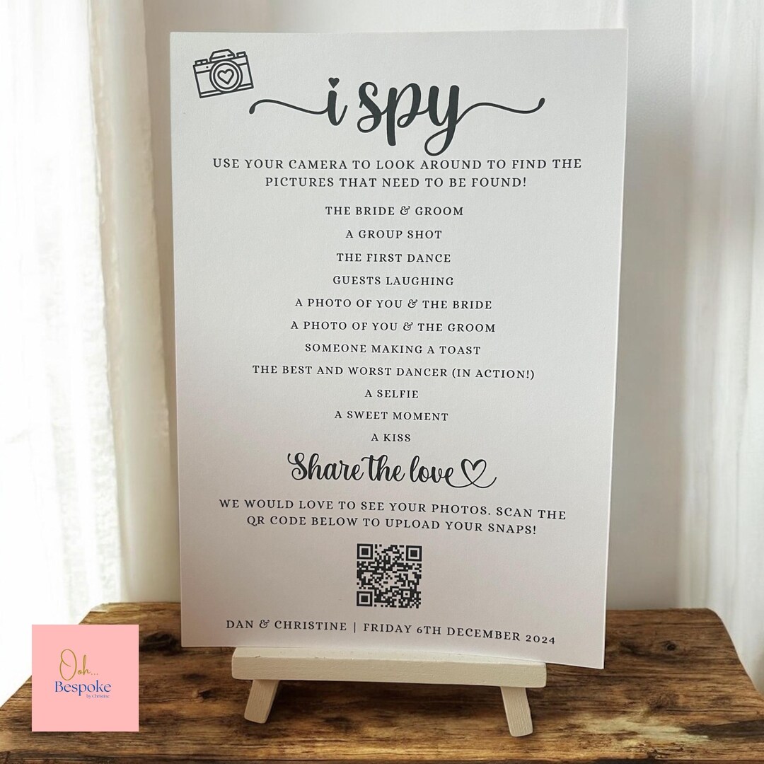 Personalised Wedding I Spy Game, Wedding QR Code Sign, Wedding Table ...