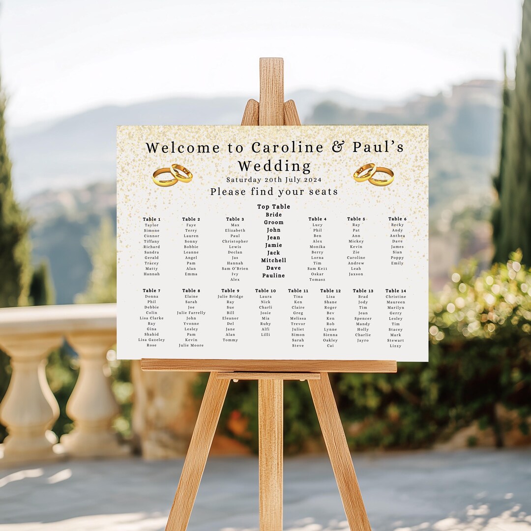 Gold Wedding Seating Plan | Elegant Glitter Design | Custom Table Chart ...
