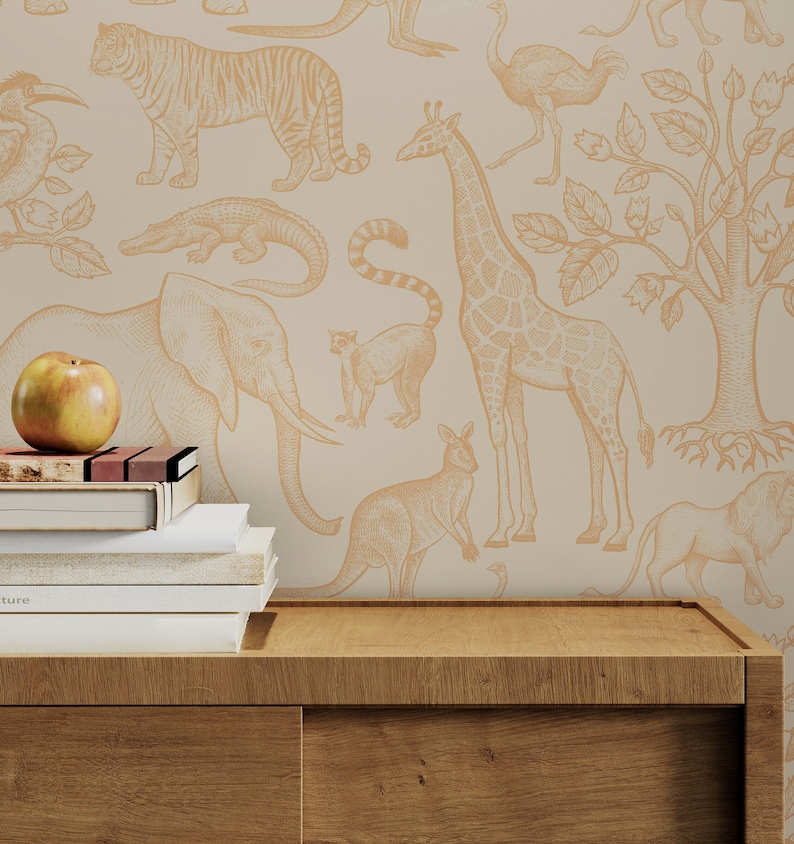 Animal Beige Wallpaper Nursery Peel & Stick / Unpasted, Boho Jungle ...
