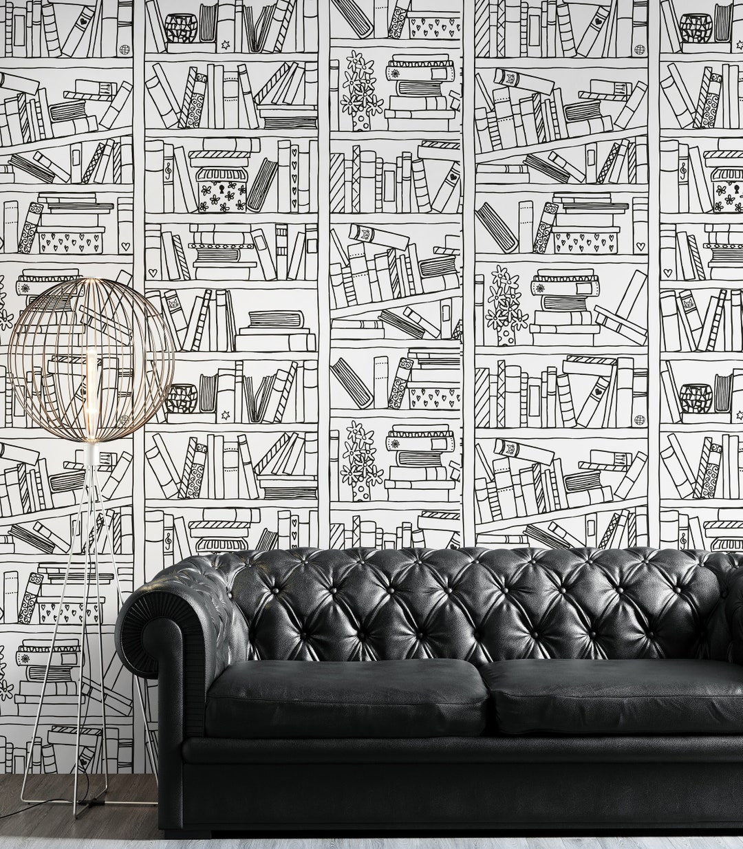 Bookcase Wallpaper Black 'n White, Bookshelves Peel & Stick Vinyl ...