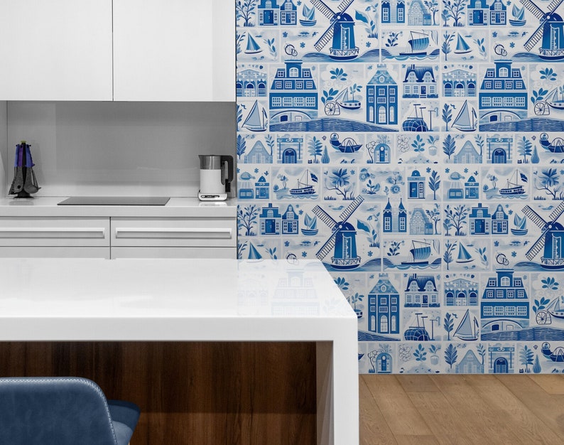 Dutch Delft Blue Wallpaper Vinyl Peel Stick / Unpasted Removable ...
