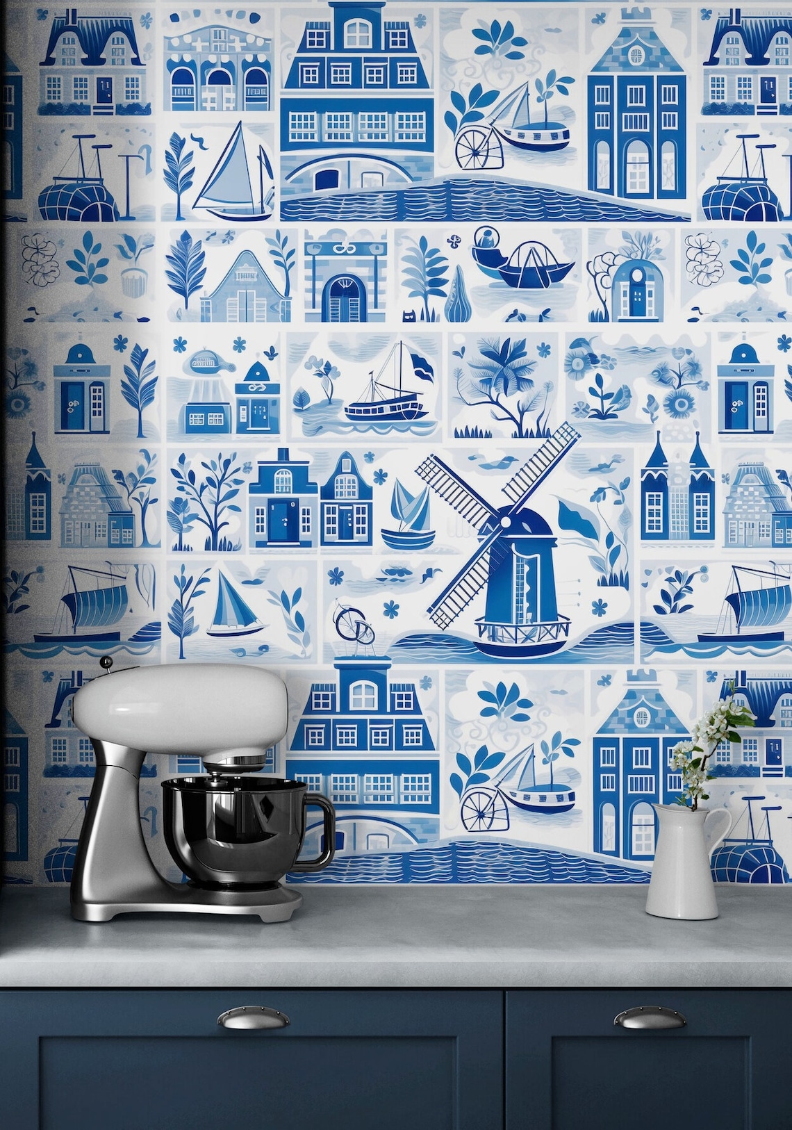 Dutch Delft Blue Wallpaper Vinyl Peel Stick / Unpasted Removable ...
