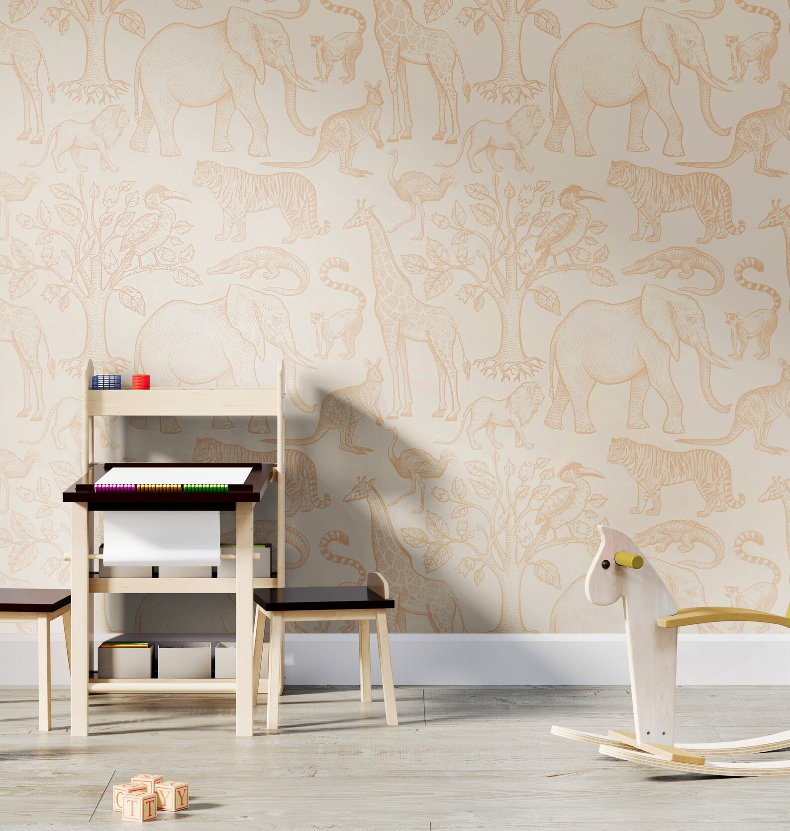 Animal Beige Wallpaper Nursery Peel & Stick / Unpasted, Boho Jungle ...