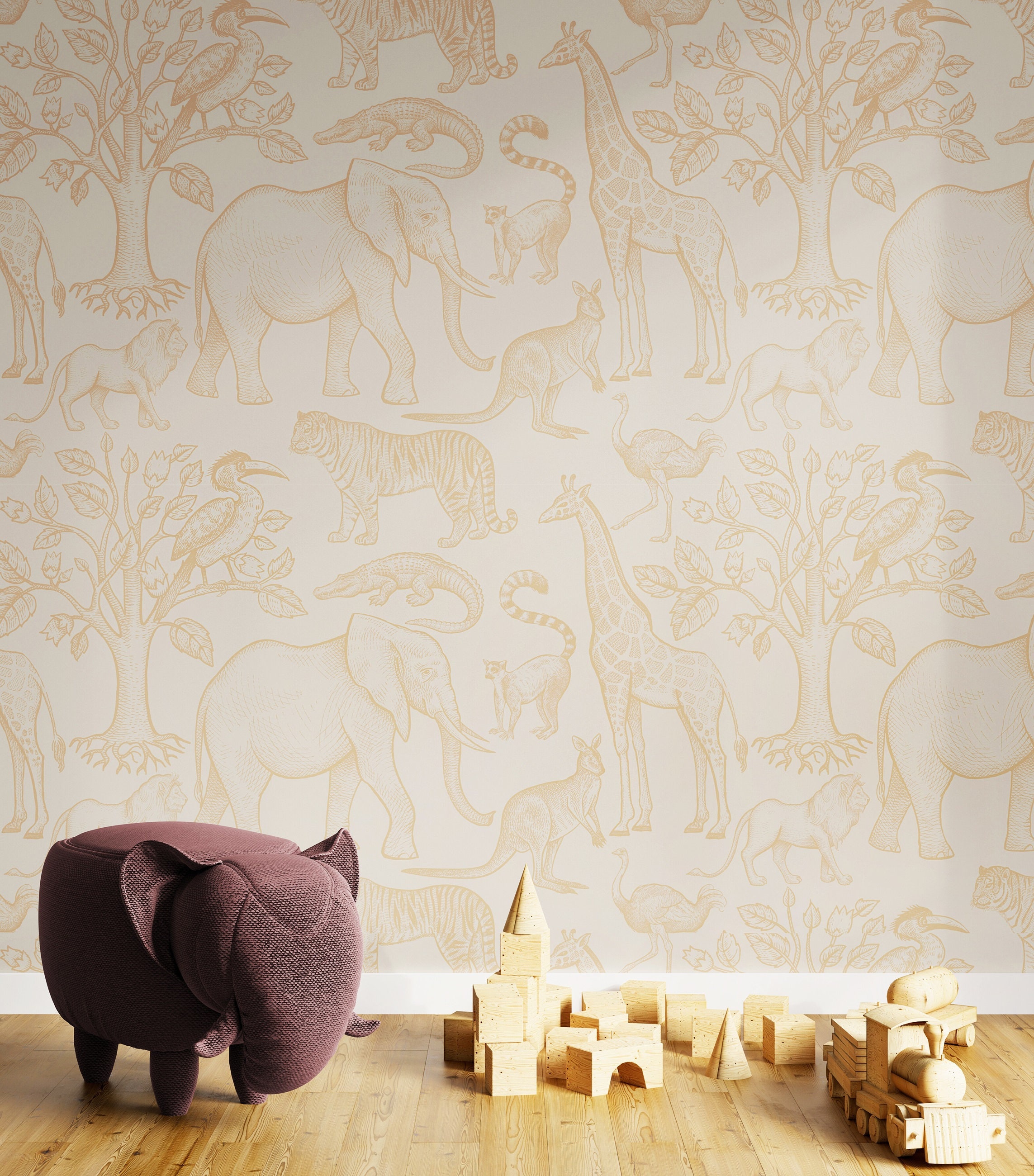 Animal Beige Wallpaper Nursery Peel & Stick / Unpasted, Boho Jungle ...