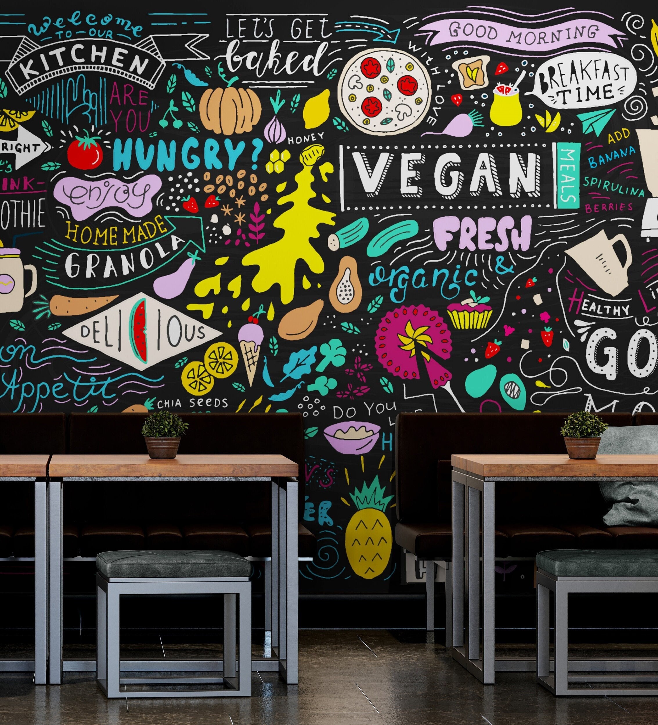 Black Kitchen Wallpaper, Vegan Food Peel & Stick Vinyl / Unpasted ...