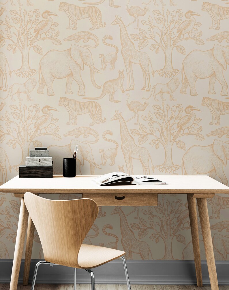 Animal Beige Wallpaper Nursery Peel & Stick / Unpasted, Boho Jungle ...