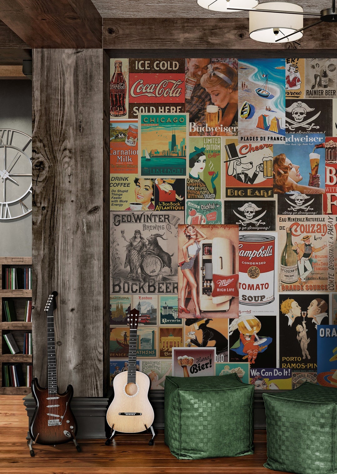 Retro Posters Wallpaper Peel Stick / Unpasted, Man Cave Wallpaper ...