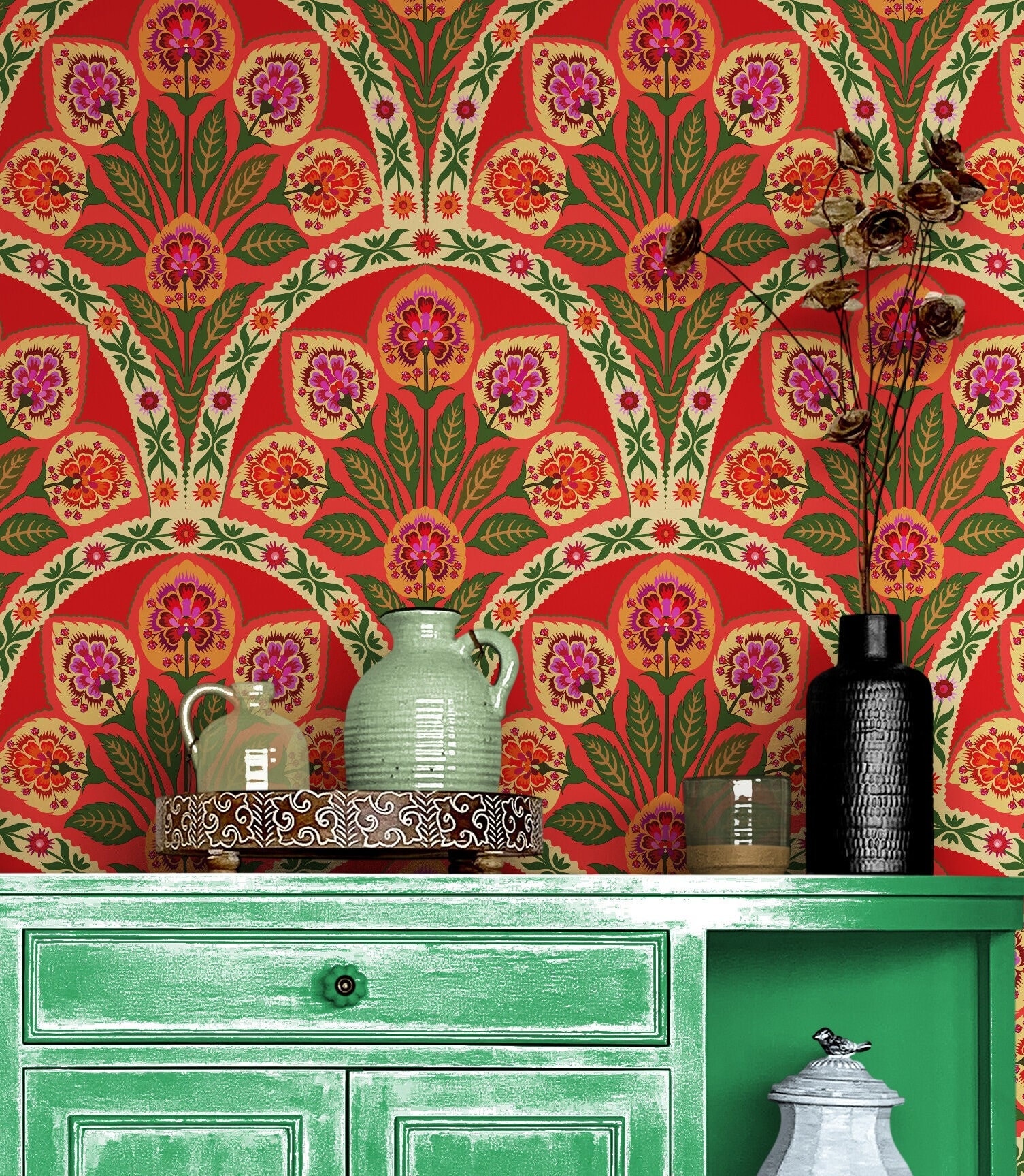 Art Deco Wallpaper Peel and Stick Removable / Unpasted, Red Folk ...