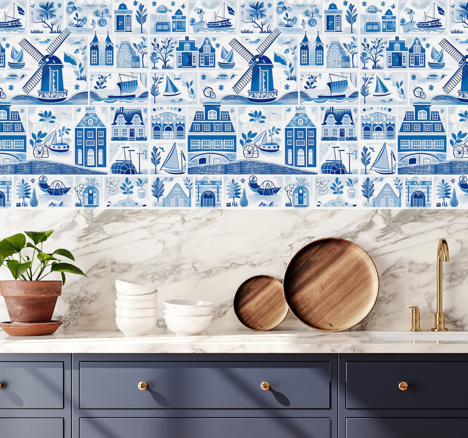 Dutch Delft Blue Wallpaper Vinyl Peel Stick / Unpasted Removable ...