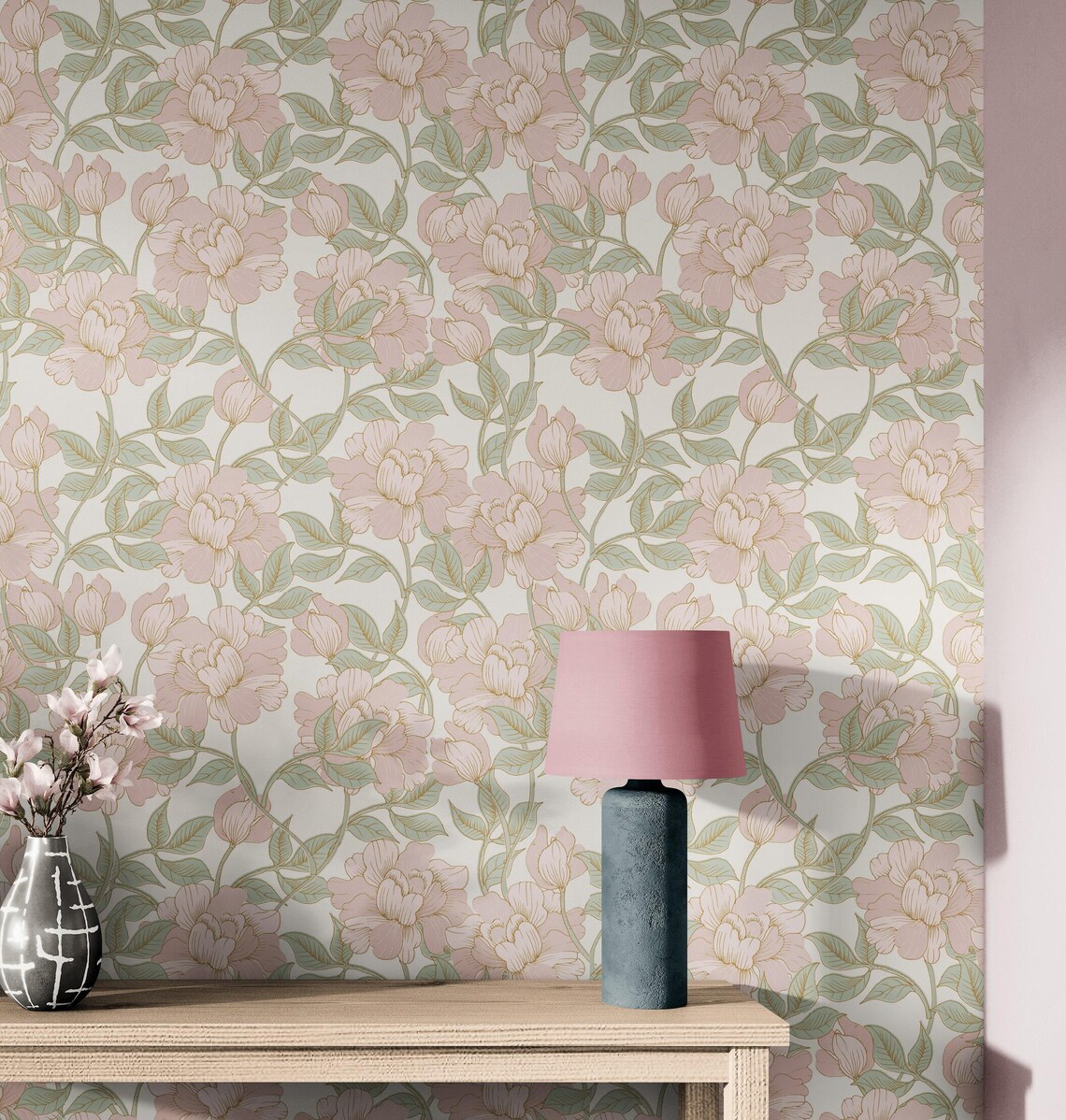 Rose Flower Peel & Stick Wallpaper Vinyl, Pastel Pink Floral ...