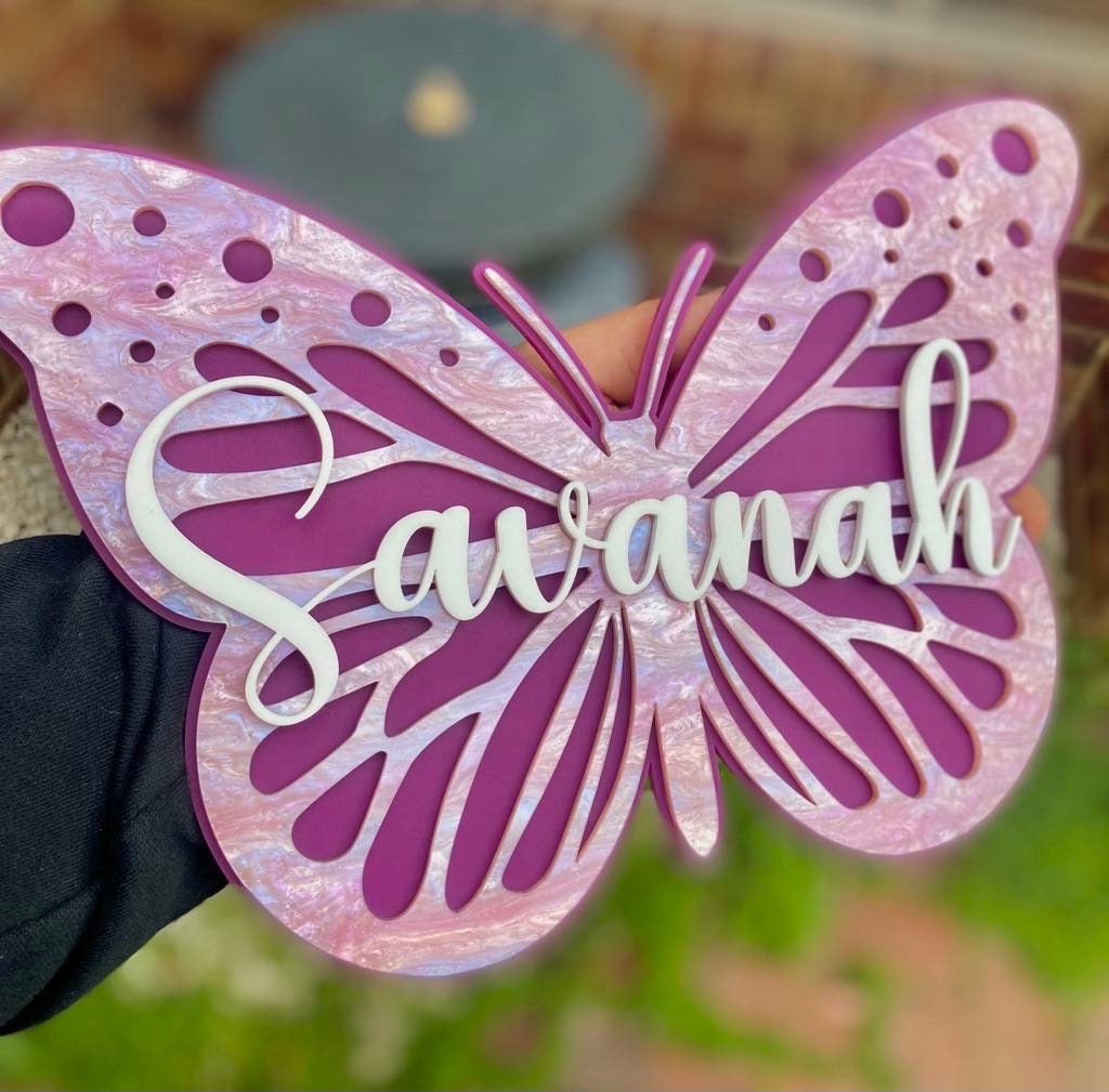 Butterfly Name Sign Personalised Wall Name Sign Pink Kids & Nursery ...
