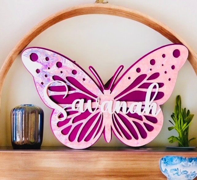 Butterfly Name Sign Personalised Wall Name Sign Pink Kids & Nursery ...