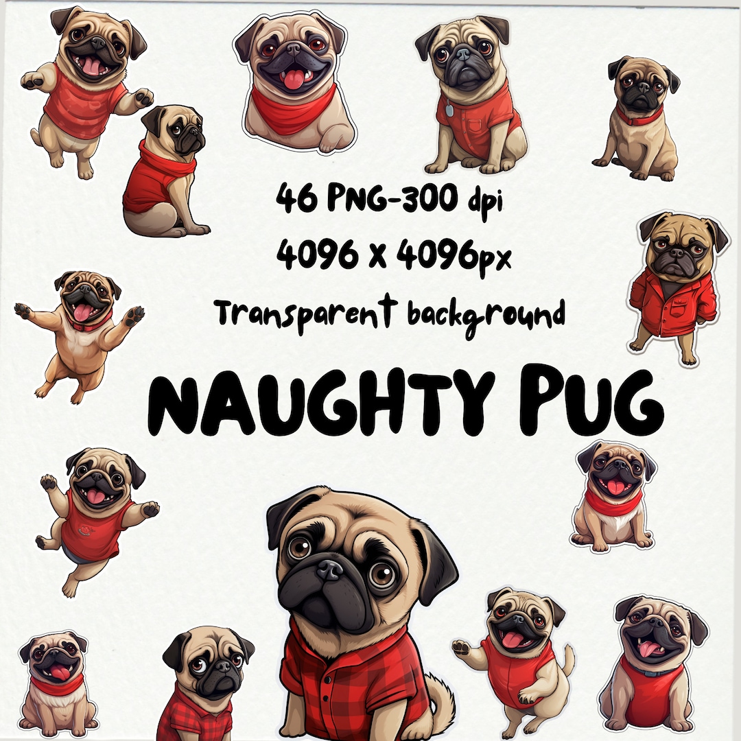 Pug Clipart Set: Cute Pug in Kawaii Style - Perfect for Card Making and ...