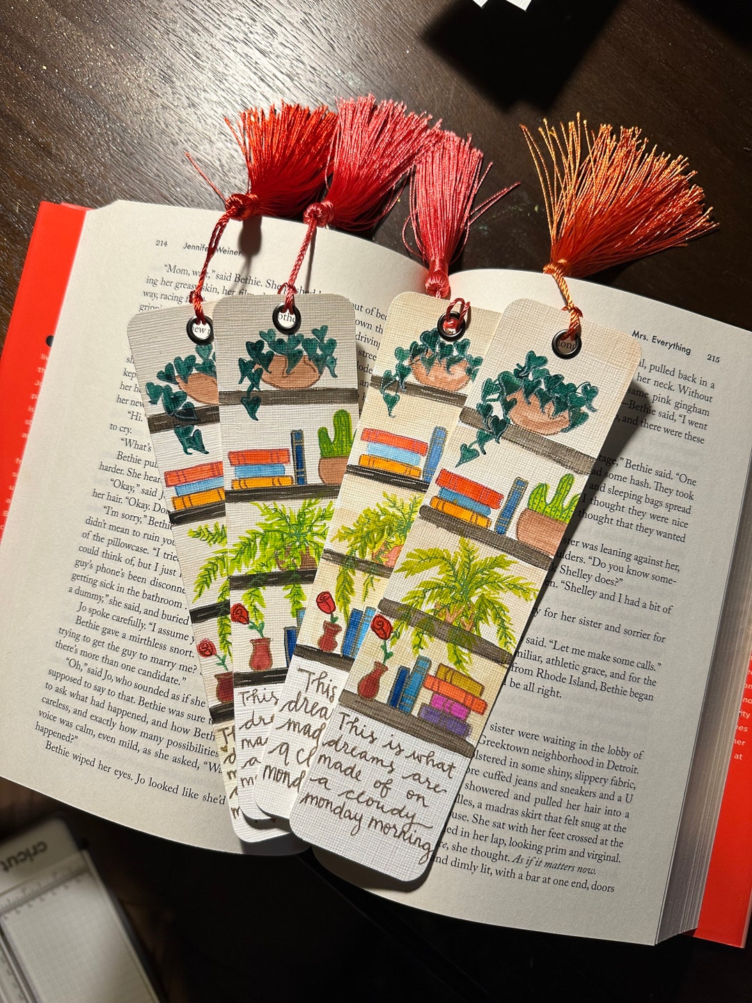 Bookshelf and Plants Bookmark Hand Painted Quote Bookmark Kacey ...