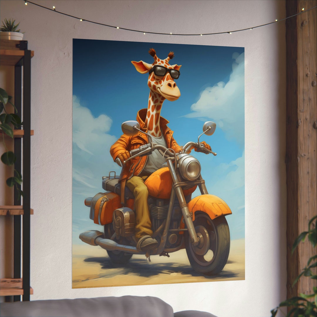 Giraffe Motorcycle Funny Cartoon Unframed Print, Wall Art, Poster Print ...