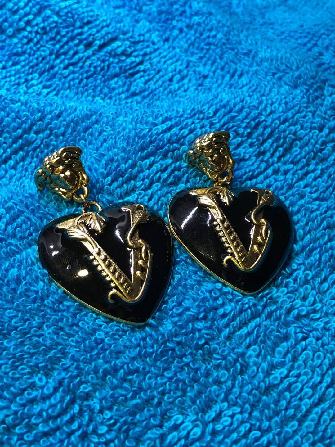 Vintage Versace Rare Iconic Dangle Black With Gold Cute Earrings - Etsy