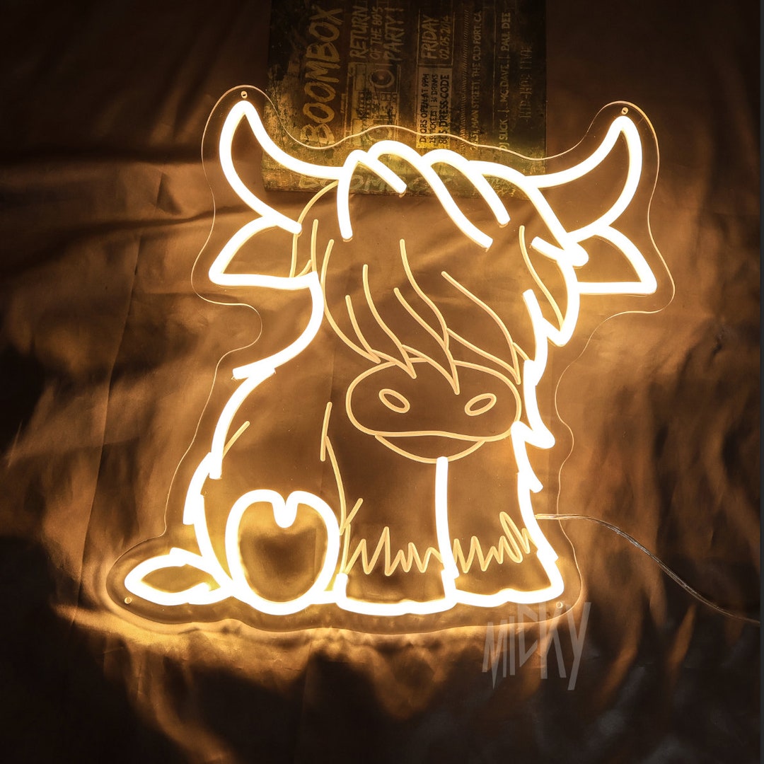 Cute Highland Cow Sitting Neon Sign | Baby Cow Sign | Cute Cow Decor ...