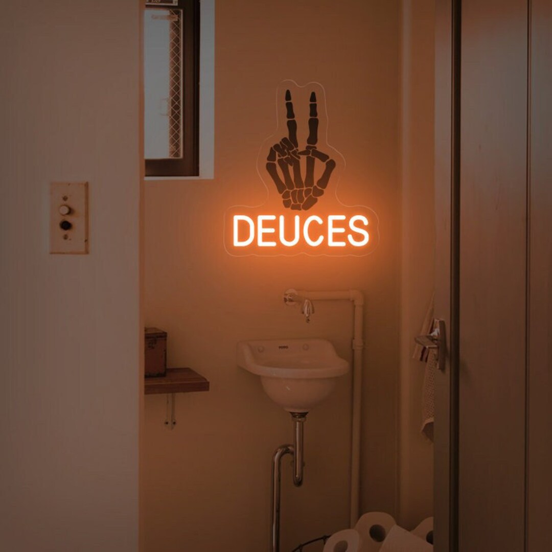 Deuces Neon Sign Skeleton Hand Sign Funny Bathroom Sign Gothic Home Decor Humor Guest Bathroom ...