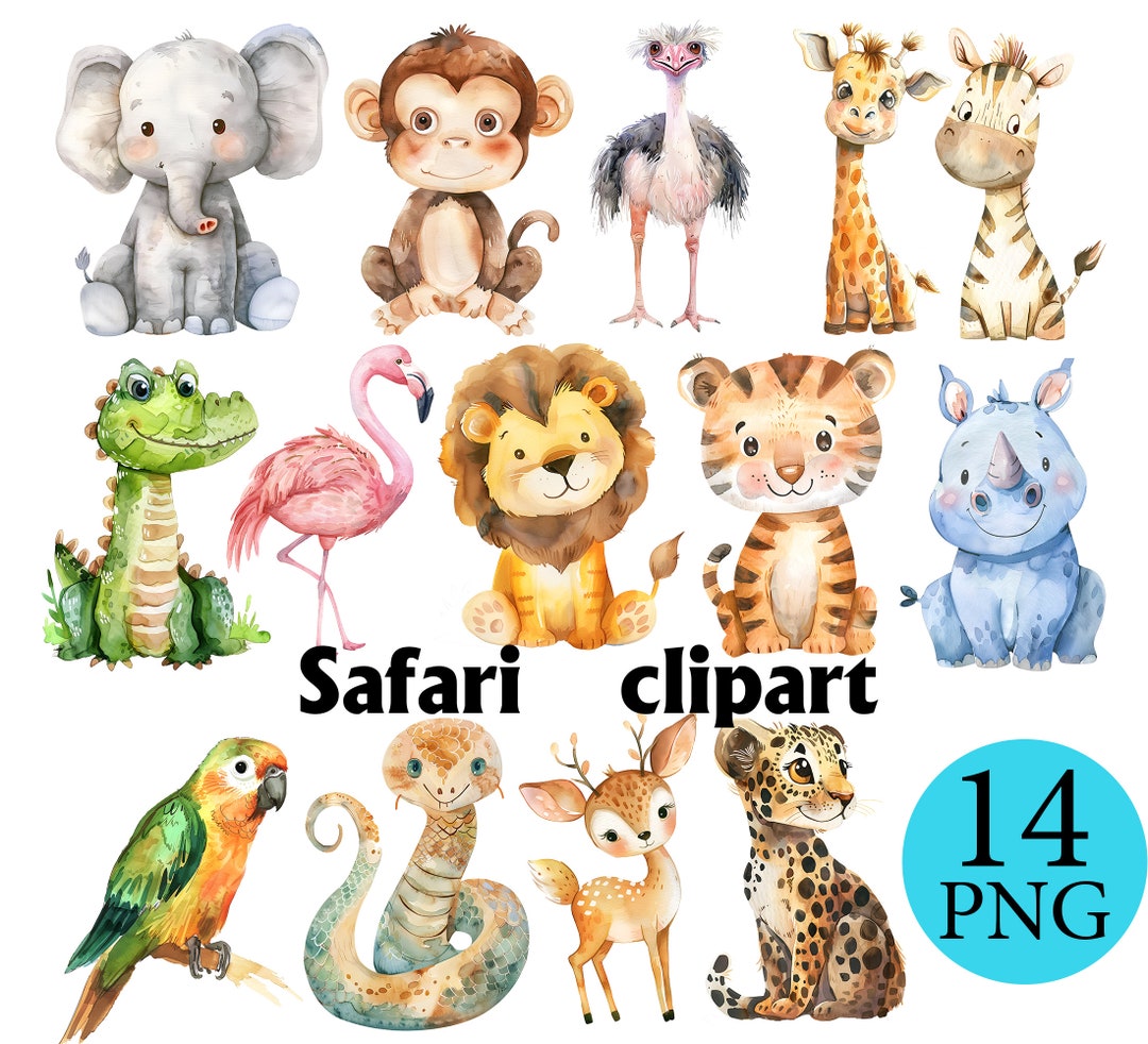 Safari Animals Clipart PNG Watercolor Jungle Baby Animal Clip Art Baby ...