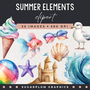 Summer Vibes Watercolor Clipart, Beach, Sea, Surfboard PNG, Pineapple ...