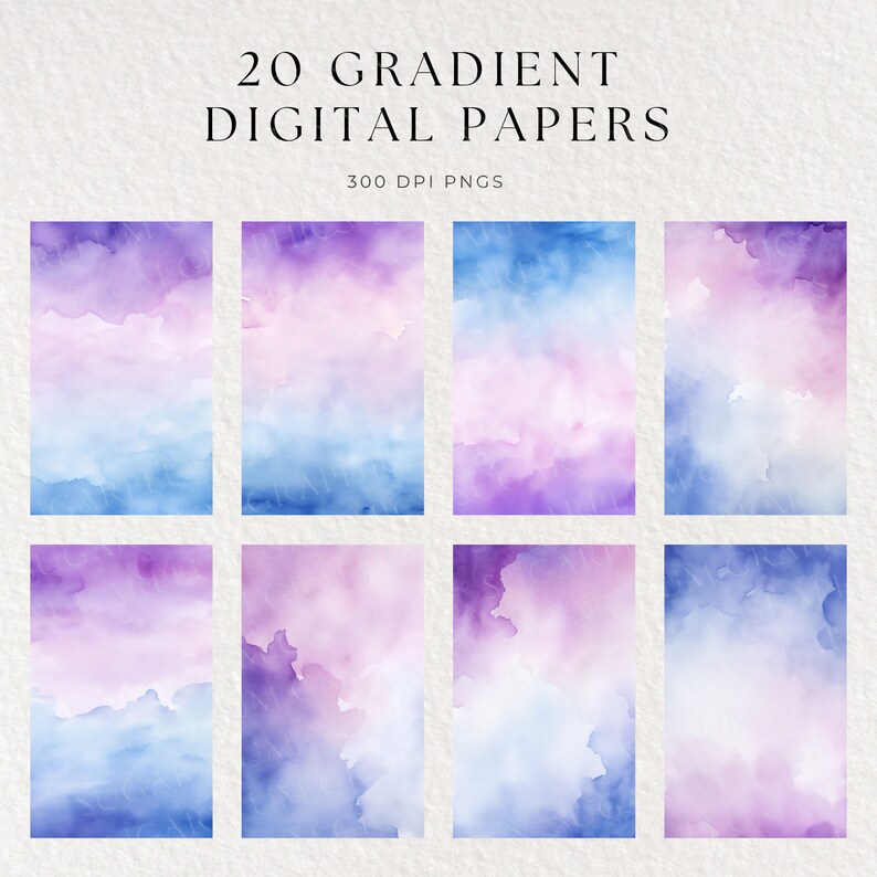 Watercolor Gradient Digital Paper Pack, Purple & Blue Ombre Watercolor ...