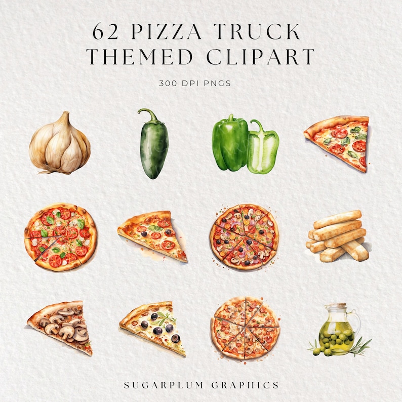 Pizza Truck Clipart Set, Watercolor Pizza and Italian Food ...