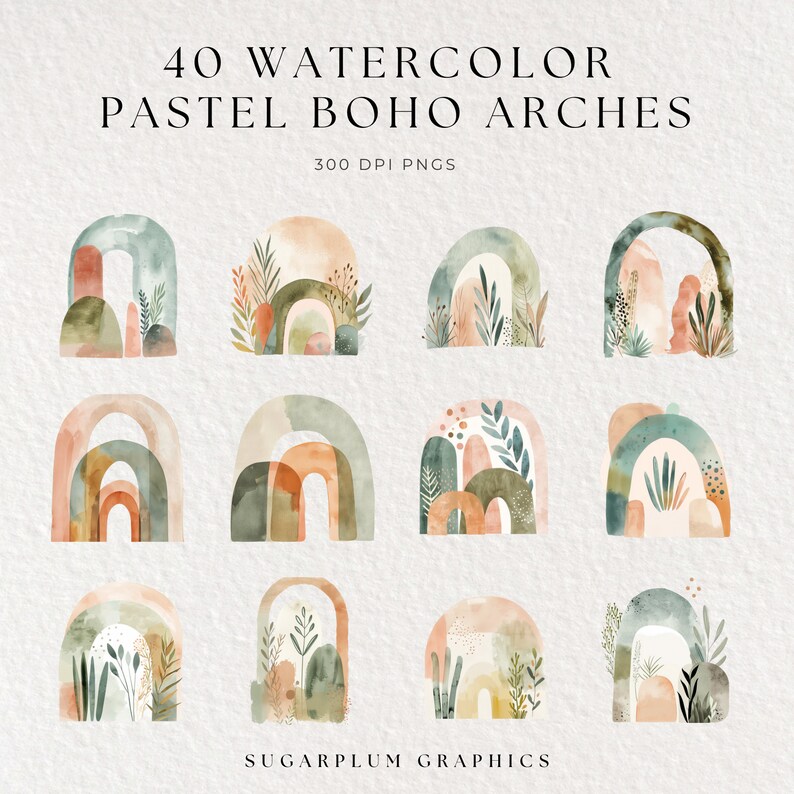 Boho Pastel Arches Clipart, Watercolor Boho Themed Clip Art, Commercial ...