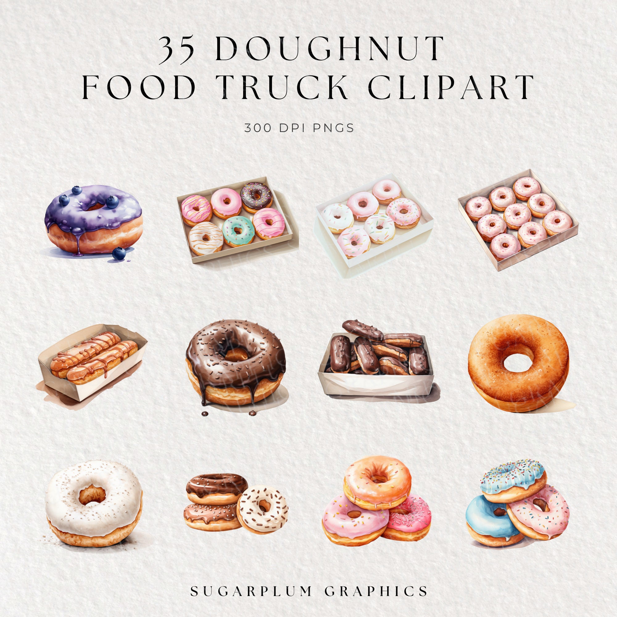 Doughnut Food Truck Clipart, Watercolor Dessert Doughnut Themed Clip ...