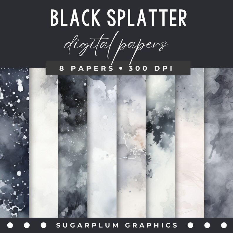 Black Watercolor Splash Digital Paper Pack, Vibrant Watercolor Splash ...