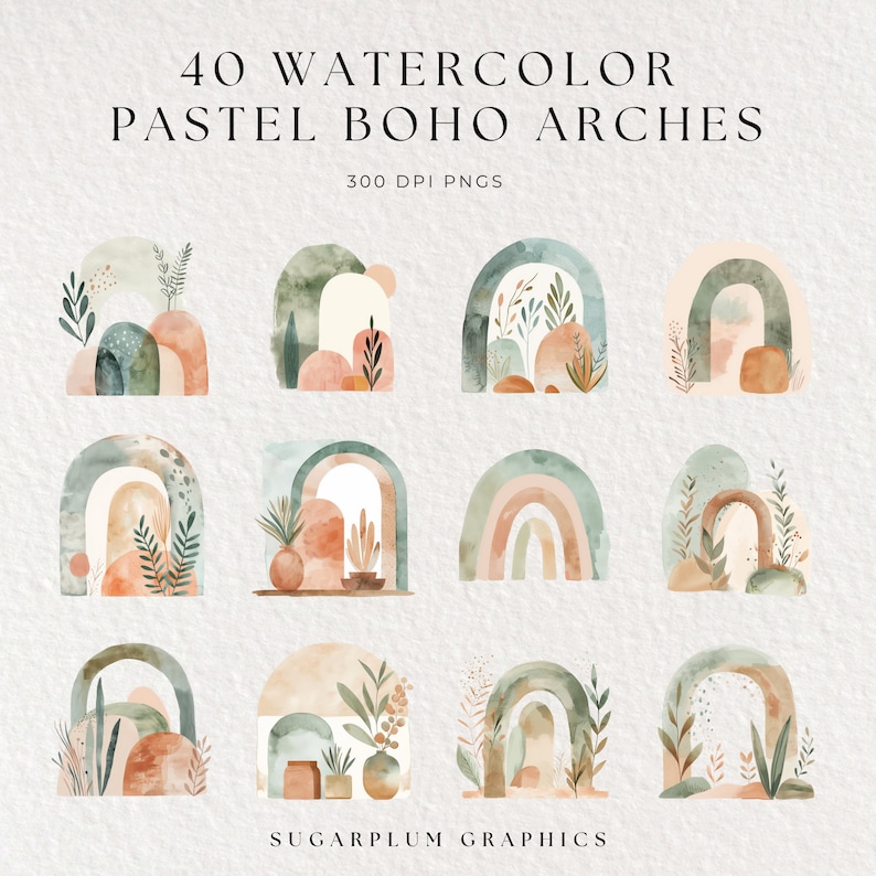 Boho Pastel Arches Clipart, Watercolor Boho Themed Clip Art, Commercial ...