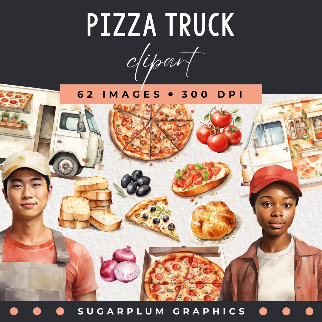 Pizza Truck Clipart Set, Watercolor Pizza and Italian Food ...