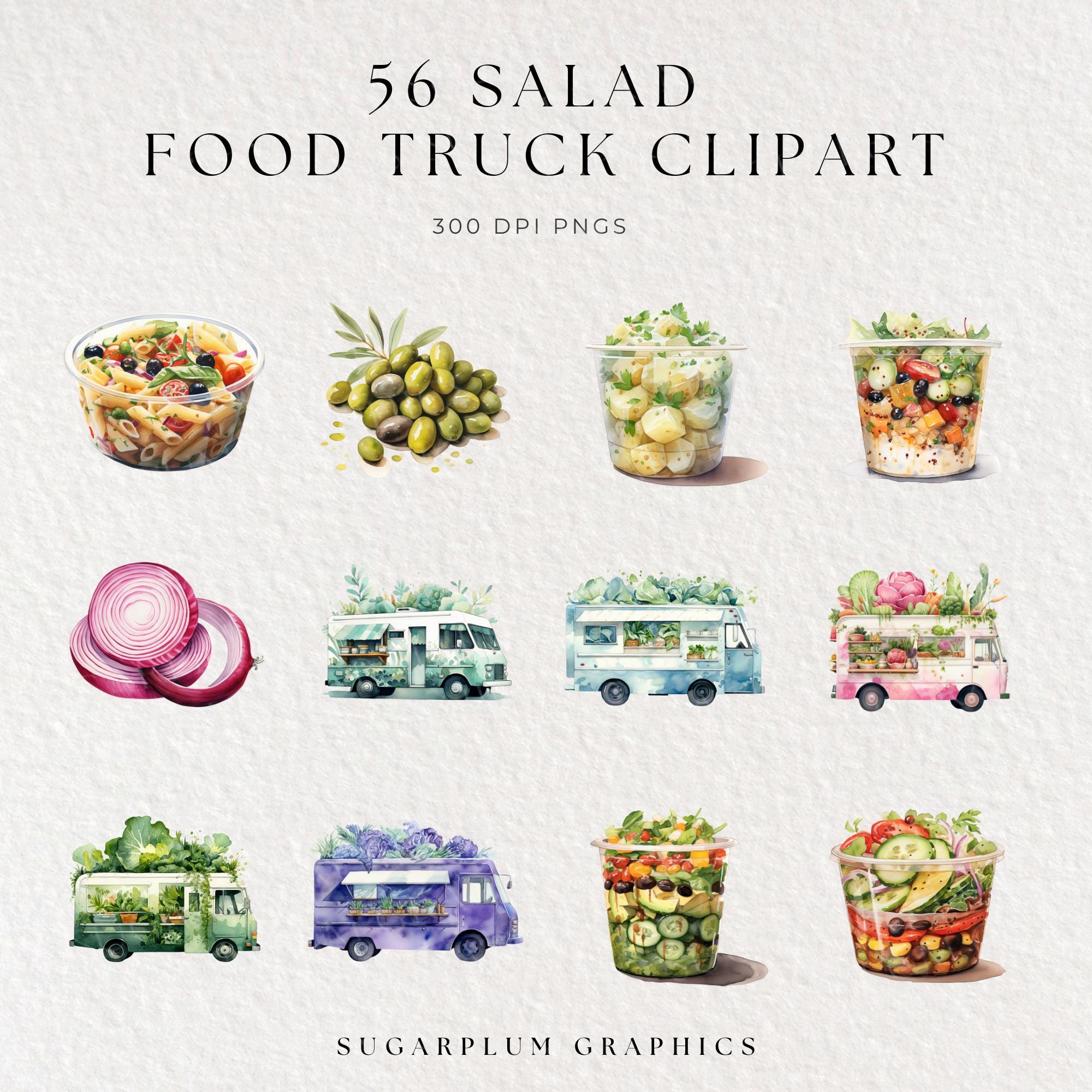 Healthy Eating Salad Food Truck Clipart, Watercolor Green Salad Themed ...