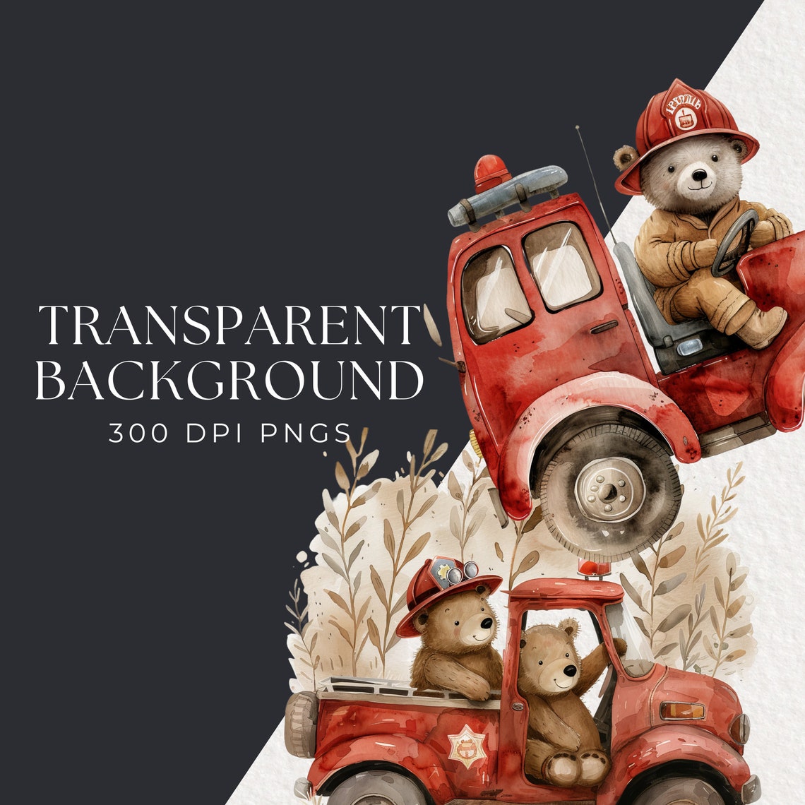 Firetruck Watercolor Clipart, Cute Firefighter Clipart, Fire Truck ...