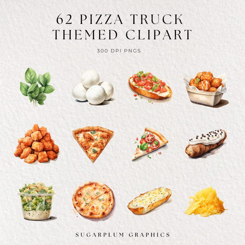 Pizza Truck Clipart Set, Watercolor Pizza and Italian Food ...