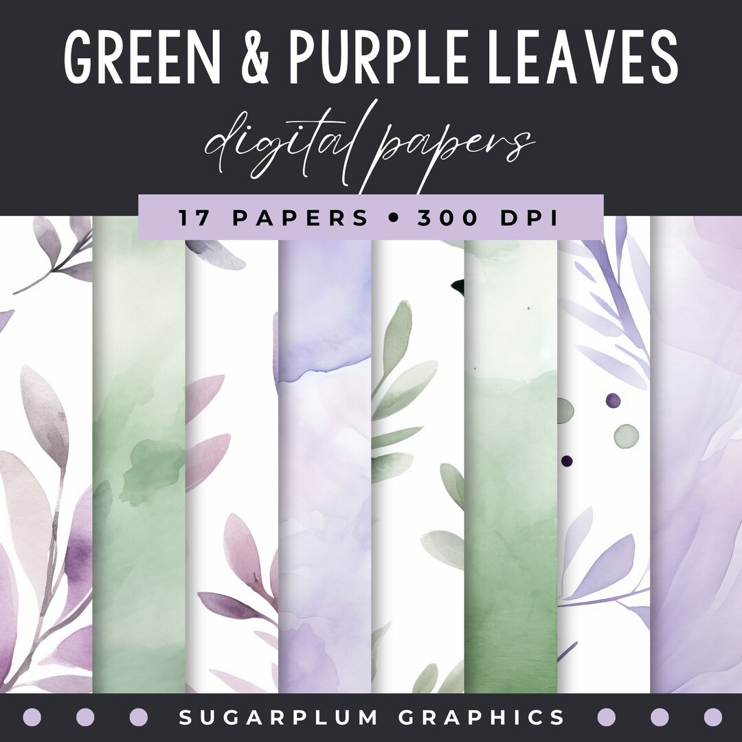 Watercolor Green & Lavender Colored Leaves Digital Paper Pack ...