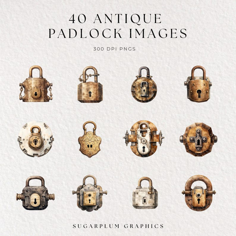 Vintage Padlock Clipart Set, Watercolor Antique Lock Clip Art ...