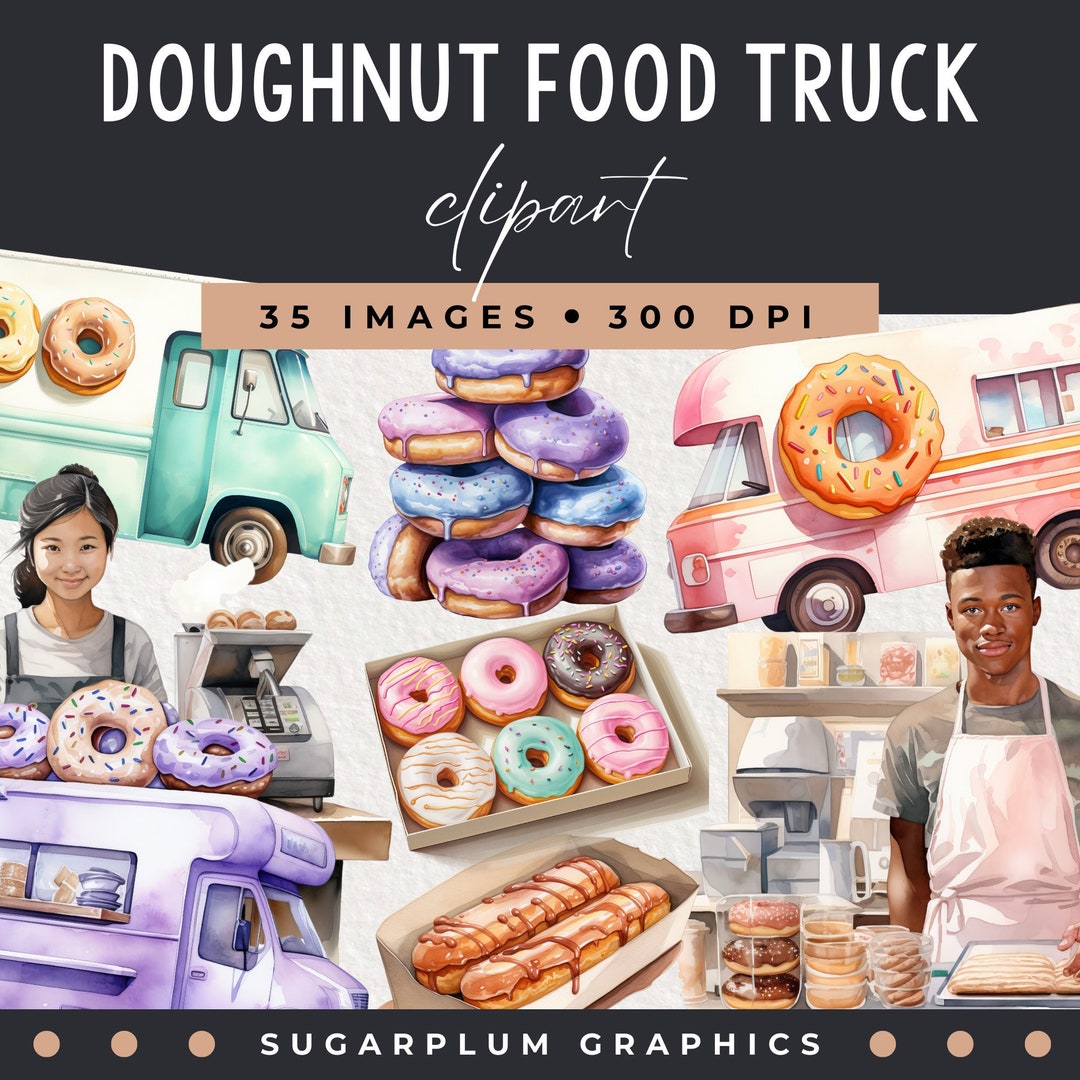 Doughnut Food Truck Clipart, Watercolor Dessert Doughnut Themed Clip ...