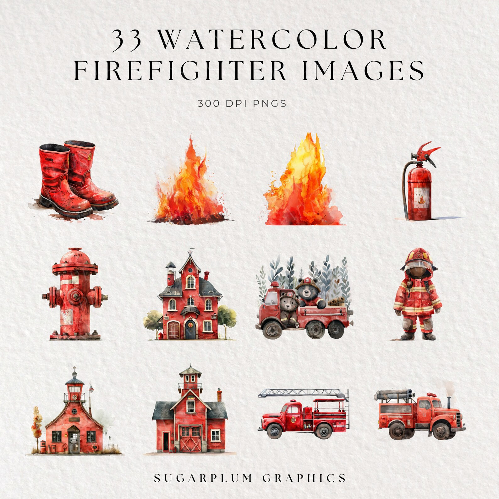 Firetruck Watercolor Clipart, Cute Firefighter Clipart, Fire Truck ...