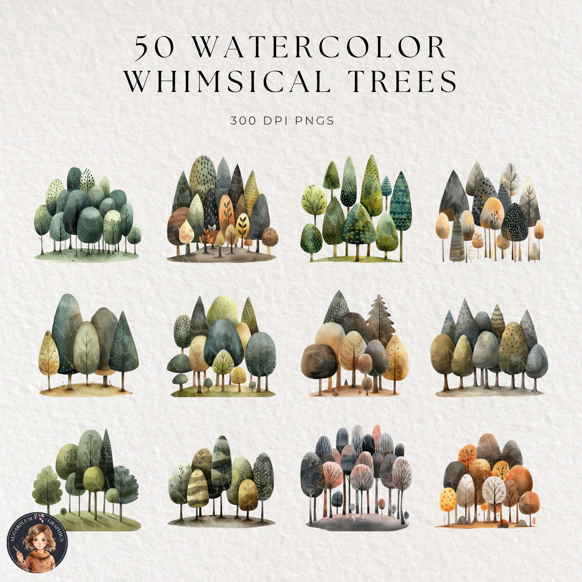 Watercolor Whimsical Trees, Watercolour Woodland Forest Clipart Pack - Etsy