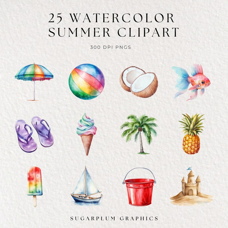 Summer Vibes Watercolor Clipart, Beach, Sea, Surfboard PNG, Pineapple ...