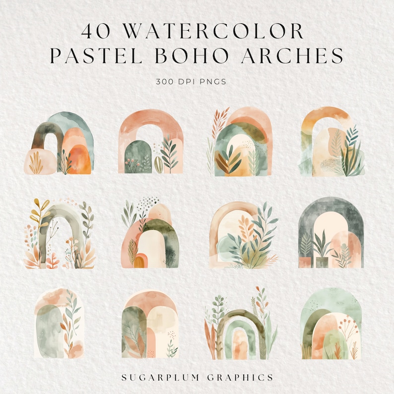 Boho Pastel Arches Clipart, Watercolor Boho Themed Clip Art, Commercial ...