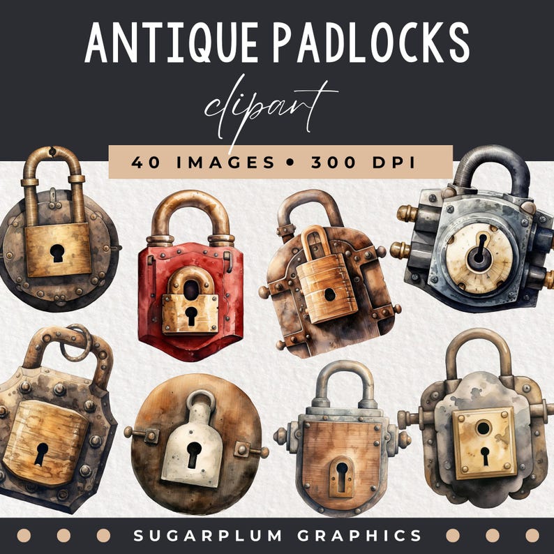 Vintage Padlock Clipart Set, Watercolor Antique Lock Clip Art ...