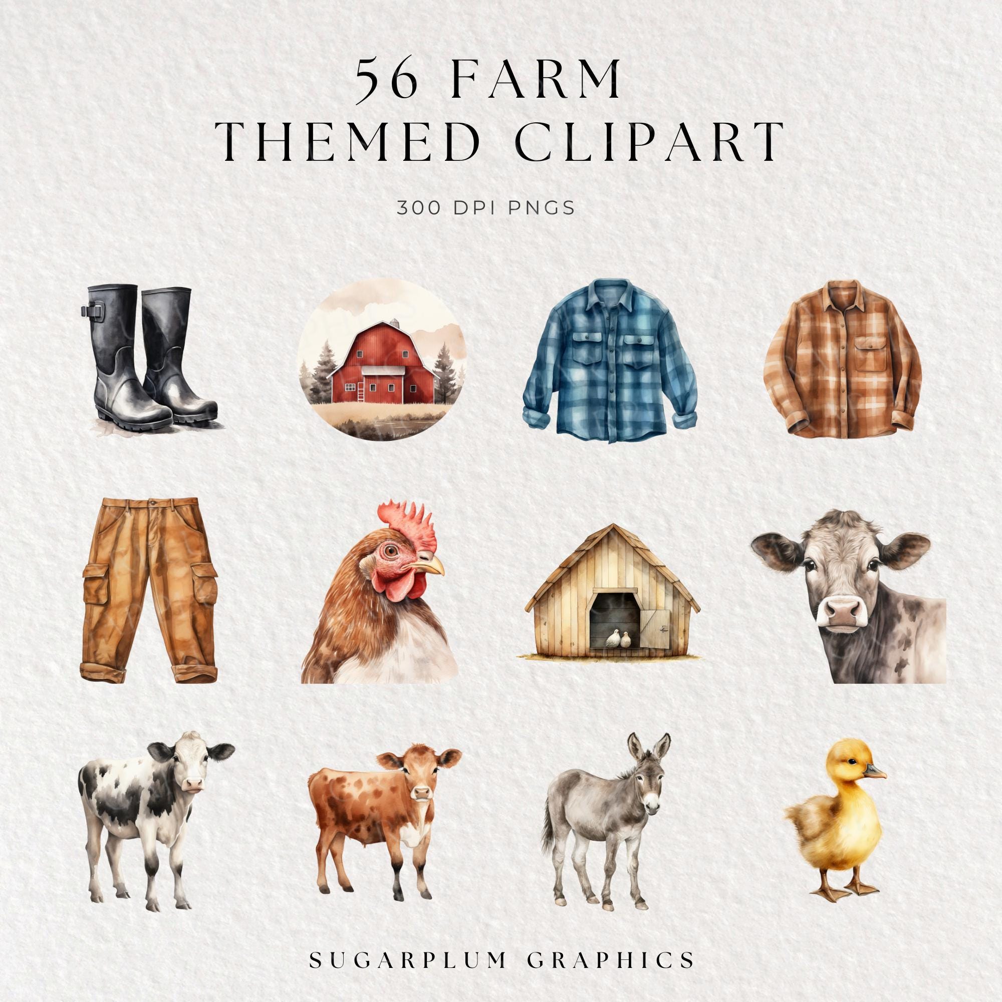 Cute Farm Animals Clipart, Watercolor Farm and Barn Digital Clipart ...
