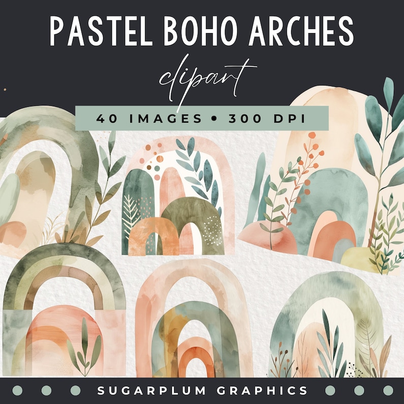 Boho Pastel Arches Clipart, Watercolor Boho Themed Clip Art, Commercial ...