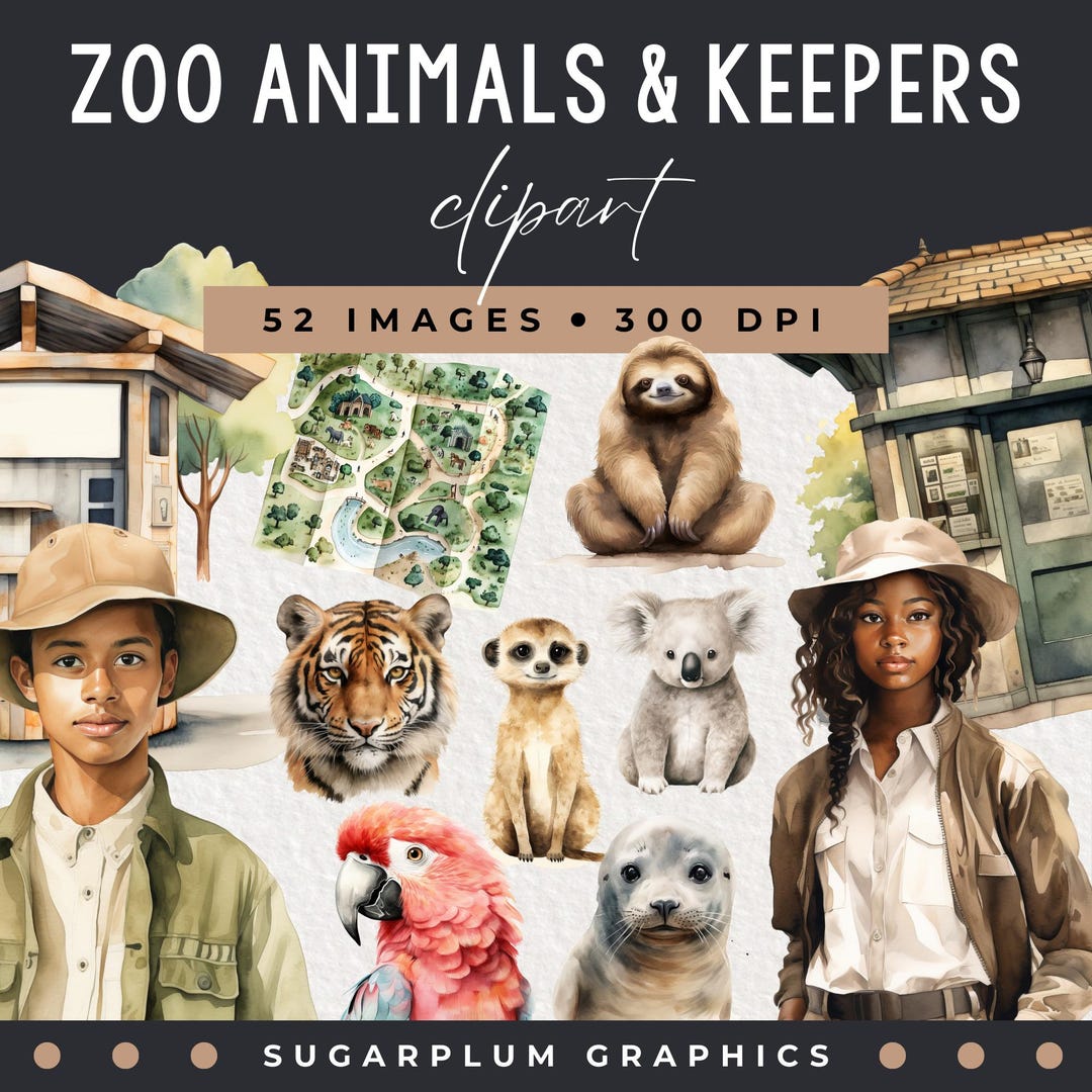 Zoo Animal and Zoo Keeper Clipart, Watercolor Safari and Jungle Themed ...