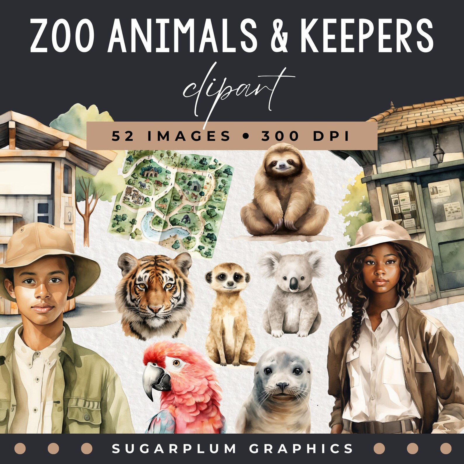 Zoo Animal and Zoo Keeper Clipart, Watercolor Safari and Jungle Themed ...